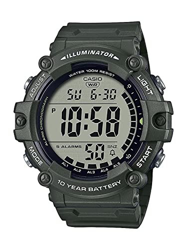 Casio Illuminator 10-Year Battery Extra Long Strap 100 M Water Resistance 5-Alarm w/Countdown Timer Men's Digital Watch, Green, AE-1500WHX-3AVCF