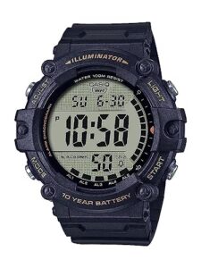 casio illuminator extra long strap 10-year battery 100 m water resistant 5-alarm w/countdown timer men's digital watch, black, ae-1500whx-1avcf