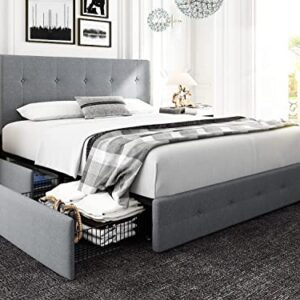 HOOMIC King Size Platform Bed Frame with 4 Storage Drawers, Adjustable Headboard with Square Stitched Button Tufted Design, Wooden Slats, No Box Spring Needed, Noise Free, Easy Assembly, Light Grey