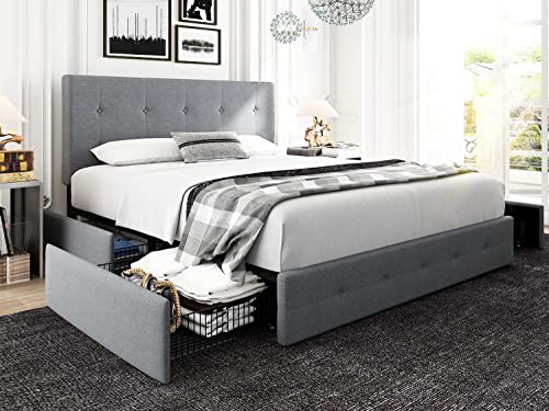 HOOMIC King Size Platform Bed Frame with 4 Storage Drawers, Adjustable Headboard with Square Stitched Button Tufted Design, Wooden Slats, No Box Spring Needed, Noise Free, Easy Assembly, Light Grey