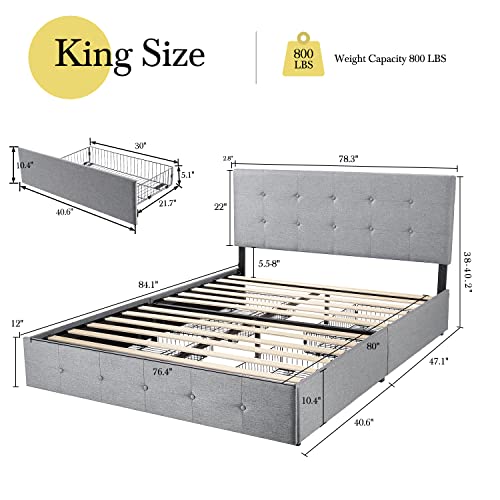 HOOMIC King Size Platform Bed Frame with 4 Storage Drawers, Adjustable Headboard with Square Stitched Button Tufted Design, Wooden Slats, No Box Spring Needed, Noise Free, Easy Assembly, Light Grey