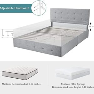 HOOMIC King Size Platform Bed Frame with 4 Storage Drawers, Adjustable Headboard with Square Stitched Button Tufted Design, Wooden Slats, No Box Spring Needed, Noise Free, Easy Assembly, Light Grey