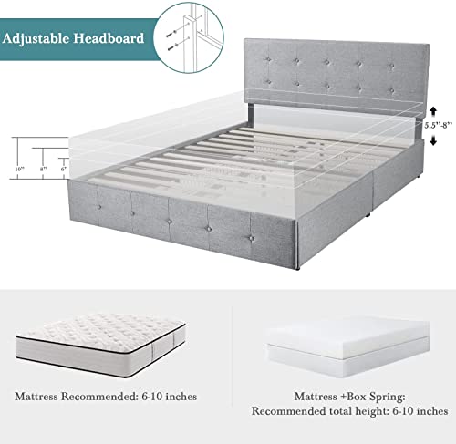 HOOMIC King Size Platform Bed Frame with 4 Storage Drawers, Adjustable Headboard with Square Stitched Button Tufted Design, Wooden Slats, No Box Spring Needed, Noise Free, Easy Assembly, Light Grey