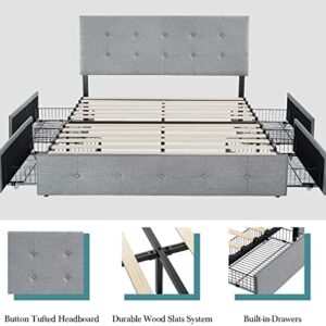 HOOMIC King Size Platform Bed Frame with 4 Storage Drawers, Adjustable Headboard with Square Stitched Button Tufted Design, Wooden Slats, No Box Spring Needed, Noise Free, Easy Assembly, Light Grey