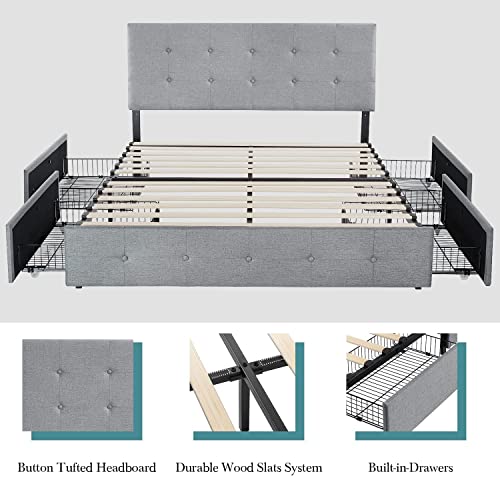 HOOMIC King Size Platform Bed Frame with 4 Storage Drawers, Adjustable Headboard with Square Stitched Button Tufted Design, Wooden Slats, No Box Spring Needed, Noise Free, Easy Assembly, Light Grey