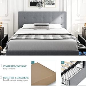 HOOMIC King Size Platform Bed Frame with 4 Storage Drawers, Adjustable Headboard with Square Stitched Button Tufted Design, Wooden Slats, No Box Spring Needed, Noise Free, Easy Assembly, Light Grey