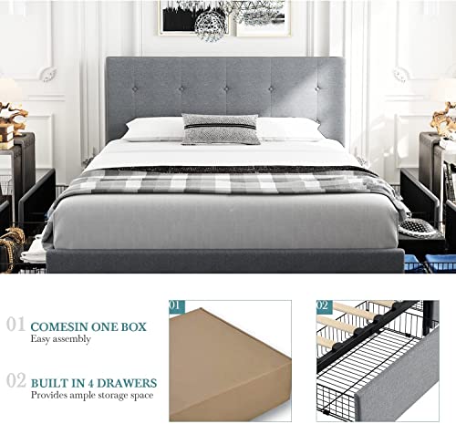 HOOMIC King Size Platform Bed Frame with 4 Storage Drawers, Adjustable Headboard with Square Stitched Button Tufted Design, Wooden Slats, No Box Spring Needed, Noise Free, Easy Assembly, Light Grey