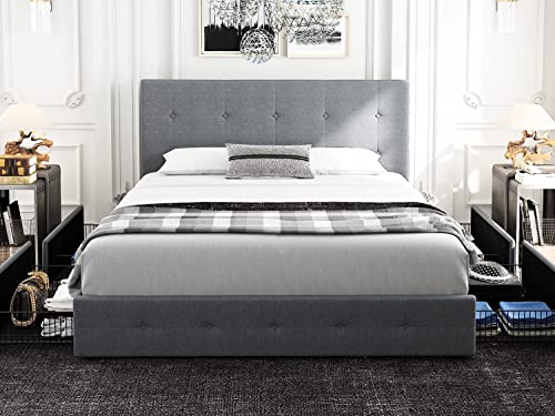 HOOMIC King Size Platform Bed Frame with 4 Storage Drawers, Adjustable Headboard with Square Stitched Button Tufted Design, Wooden Slats, No Box Spring Needed, Noise Free, Easy Assembly, Light Grey