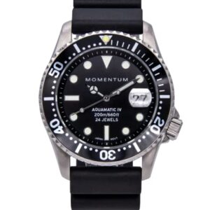 MOMENTUM Men's Aquamatic IV Automatic Dive Watch | 200M Water Resistance | Sapphire Crystal | Glass Back | SuperLuminova Luminous | Self-Winding (Black Dial | Hyper Rubber Band)