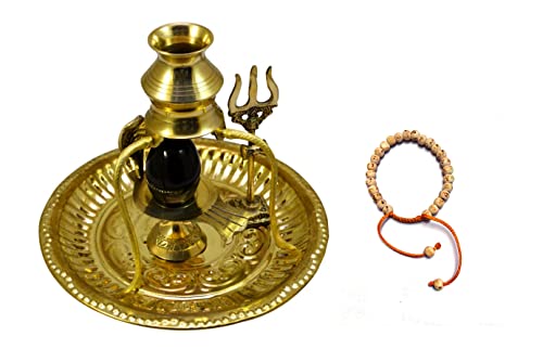 M Francisco Shiva Ling Lingam Shivling Prayer Statue Brass Stand with Thali + Hare Ram Hare Krishna Tulsi Bracelet