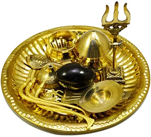 M Francisco Shiva Ling Lingam Shivling Prayer Statue Brass Stand with Thali + Hare Ram Hare Krishna Tulsi Bracelet