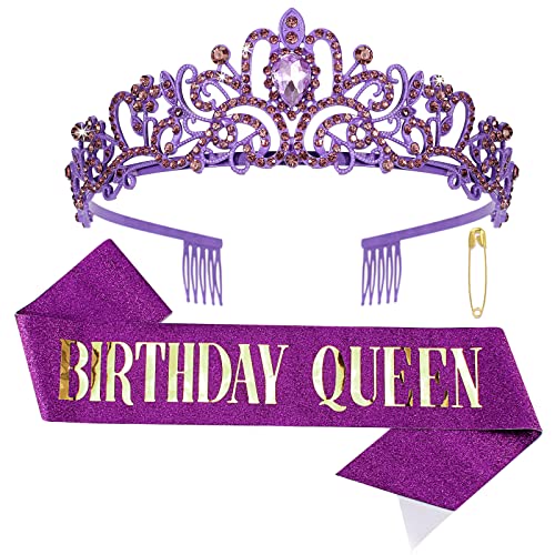 CIEHER Purple Birthday Sash & Queen Crown Kit, Purple Birthday Decorations, Purple Crown, Purple Tiara, Purple Crowns for Women Girls, Purple Birthday Crown Tiara, Birthday Crown and Sash, Purple Birthday Gifts for Women, Purple Happy Birthday, 16th 18th