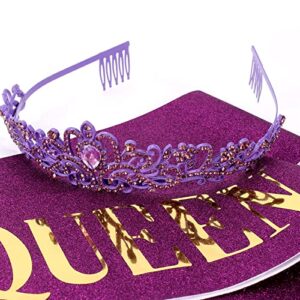 CIEHER Purple Birthday Sash & Queen Crown Kit, Purple Birthday Decorations, Purple Crown, Purple Tiara, Purple Crowns for Women Girls, Purple Birthday Crown Tiara, Birthday Crown and Sash, Purple Birthday Gifts for Women, Purple Happy Birthday, 16th 18th