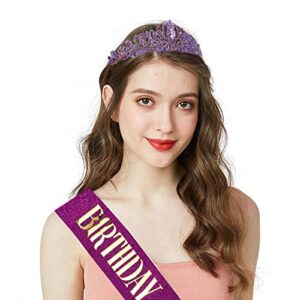 CIEHER Purple Birthday Sash & Queen Crown Kit, Purple Birthday Decorations, Purple Crown, Purple Tiara, Purple Crowns for Women Girls, Purple Birthday Crown Tiara, Birthday Crown and Sash, Purple Birthday Gifts for Women, Purple Happy Birthday, 16th 18th