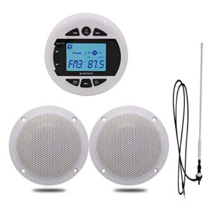 herdio marine radio and speakers kit, marine gauge head unit compatible with bluetooth +4 inch marine ceiling flush wall mount speakers+rubber flexible mast fm am antenna(white)