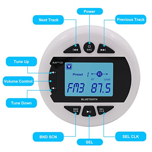 Herdio Marine Radio and Speakers Kit, Marine Gauge Head Unit Compatible with Bluetooth +4 Inch Marine Ceiling Flush Wall Mount Speakers+Rubber Flexible Mast FM AM Antenna(White)