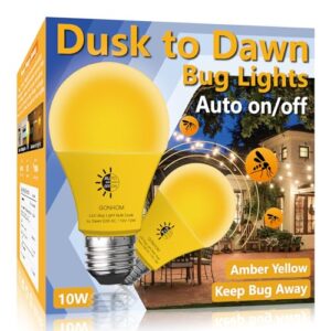 gonhom dusk to dawn bug light bulb outdoor,2 pack amber bug light bulb,10w(100w equivalent),e26 base dusk to dawn light bulb,bug lights for outside.home hallway porch lights.decorative lamps.bedroom