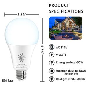 Gonhom 2 Pack Dusk to Dawn Light Bulbs Outdoor, 5000K-Daylight, 720LM, 9W(60W Equivalent) A19 E26 Automatic On/Off LED Light Bulbs, Dusk to Dawn LED Outdoor Lighting for Porch Garage Patio