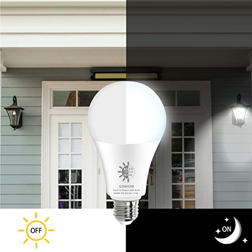 Gonhom 2 Pack Dusk to Dawn Light Bulbs Outdoor, 5000K-Daylight, 720LM, 9W(60W Equivalent) A19 E26 Automatic On/Off LED Light Bulbs, Dusk to Dawn LED Outdoor Lighting for Porch Garage Patio