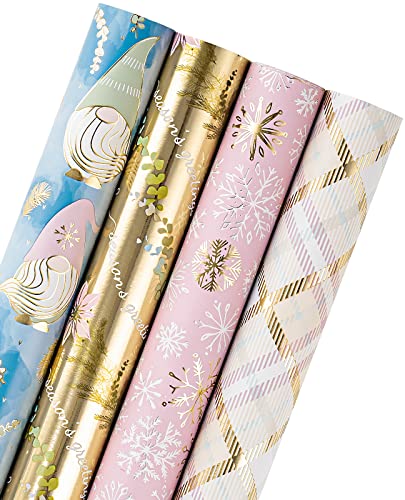 WRAPAHOLIC Christmas Wrapping Paper Roll - Gold and Purple Pastel Gnome Elf Holiday Collection with Metallic Foil Shine - 4 Rolls - 30 Inch X 120 Inch Per Roll