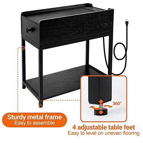 AMHANCIBLE End Tables Living Room Set of 2 with Charging Station, Black Nightstand with Drawer, Bedside Tables with USB Ports & Outlets, Slim Side Table for Small Spaces, Bedroom, Couch, HET04LDBK