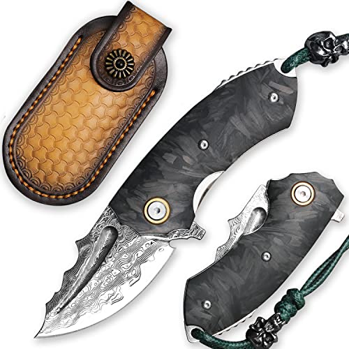 Minowe Handmade Damascus Steel Pocket Knife With leather jacket，2.2 inch blade Carbon Fiber handle，fluorescent effect apply to men and women folding knife，EDC on foot tactics tool Knife