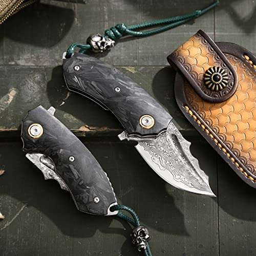 Minowe Handmade Damascus Steel Pocket Knife With leather jacket，2.2 inch blade Carbon Fiber handle，fluorescent effect apply to men and women folding knife，EDC on foot tactics tool Knife