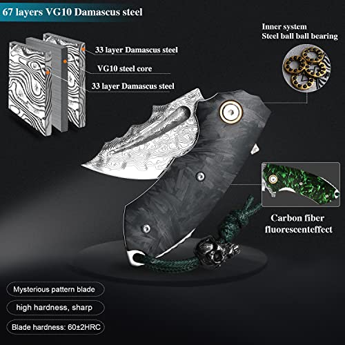 Minowe Handmade Damascus Steel Pocket Knife With leather jacket，2.2 inch blade Carbon Fiber handle，fluorescent effect apply to men and women folding knife，EDC on foot tactics tool Knife