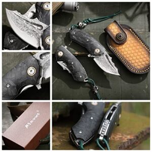 Minowe Handmade Damascus Steel Pocket Knife With leather jacket，2.2 inch blade Carbon Fiber handle，fluorescent effect apply to men and women folding knife，EDC on foot tactics tool Knife