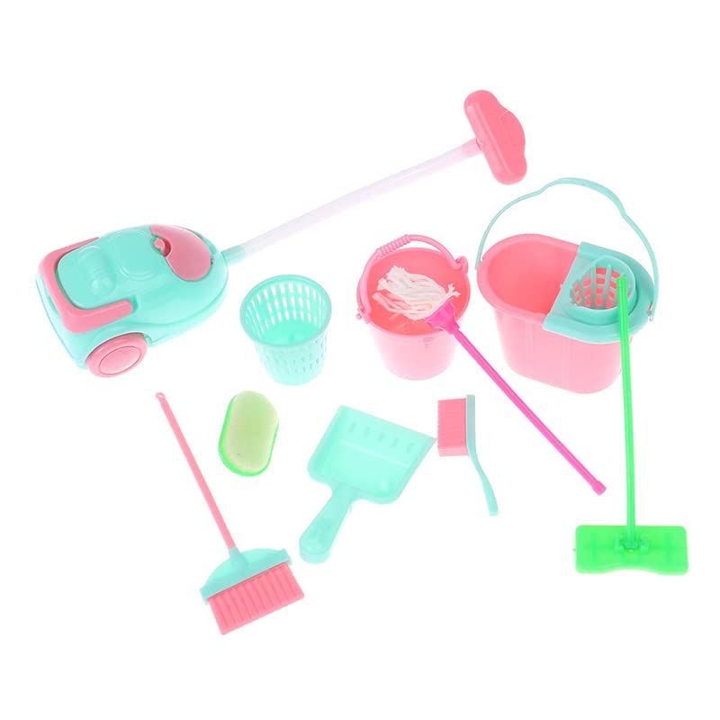 10Pcs/Set Dollhouse Furniture Miniature Dollhouse Cleaning Supplies Mini Cleaning Toy - Mop Dustpan Bucket Brush Doll House Accessories