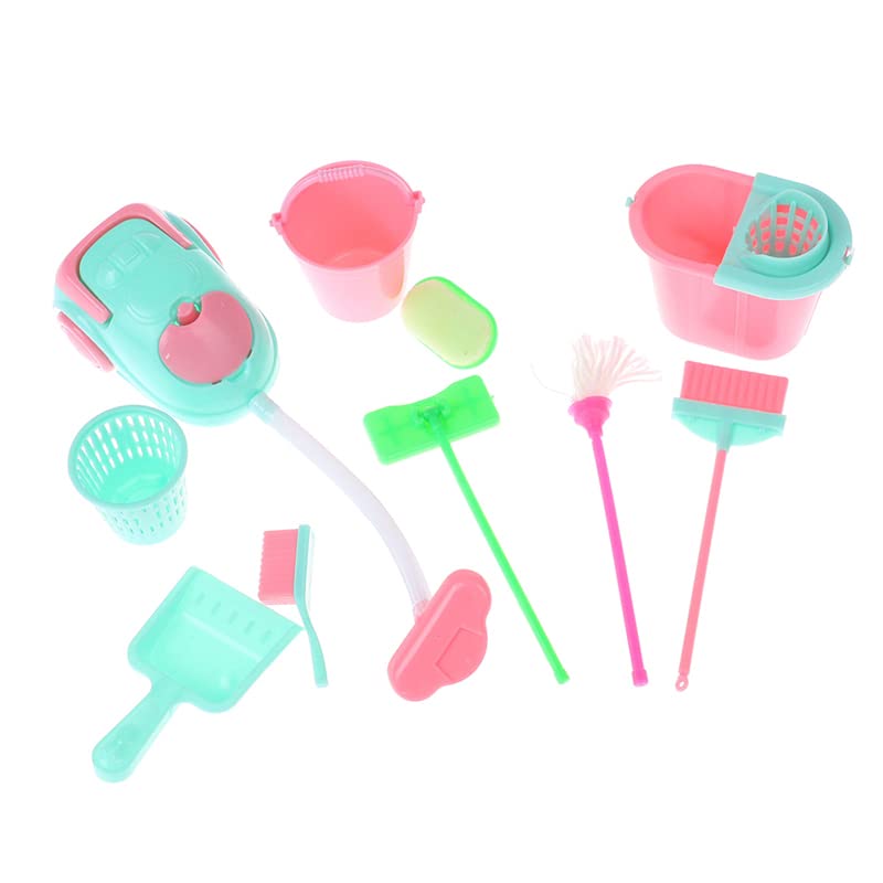 10Pcs/Set Dollhouse Furniture Miniature Dollhouse Cleaning Supplies Mini Cleaning Toy - Mop Dustpan Bucket Brush Doll House Accessories