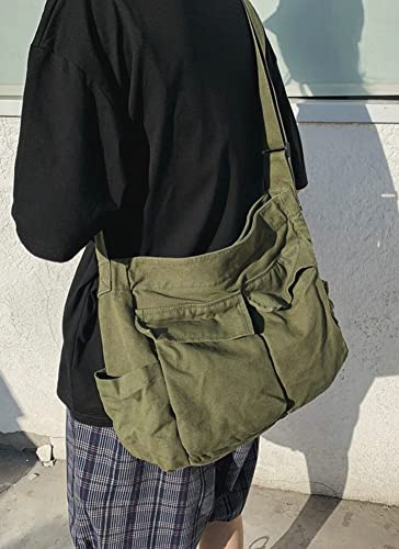 Women Men Canvas Messenger Bag Large Hobo Bag with Multiple Pockets Canvas Crossbody Shoulder Bag Messenger Tote Bag Handbag