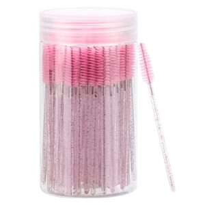 100 pcs disposable mascara wands, crystal eyebrow spoolies brush for eyelash extensions, pink lash brushes with container