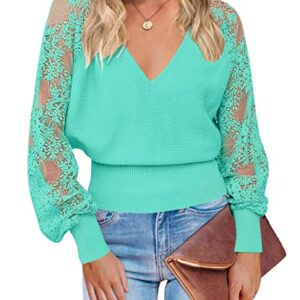 ZESICA Women's 2023 Fall V Neck Lace Patchwork Solid Color Long Sleeve Casual Knit Pullover Sweater Tops,LakeGreen,Large