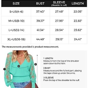 ZESICA Women's 2023 Fall V Neck Lace Patchwork Solid Color Long Sleeve Casual Knit Pullover Sweater Tops,LakeGreen,Large