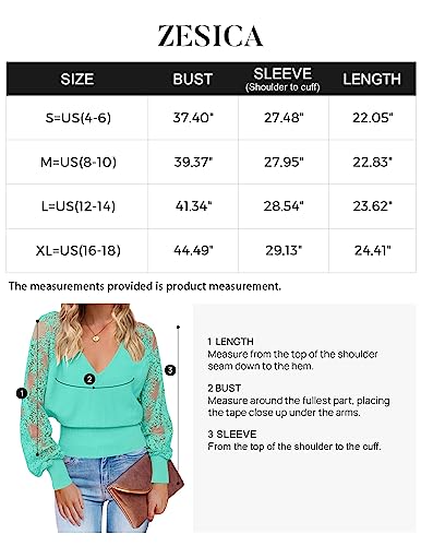 ZESICA Women's 2023 Fall V Neck Lace Patchwork Solid Color Long Sleeve Casual Knit Pullover Sweater Tops,LakeGreen,Large