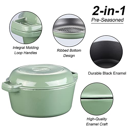 5.5 Quart Enameled Cast Iron Dutch Oven, 2-In-1 Enamel Oven with Skillet Lid for Grill, Stovetop, Induction (Gray Green)