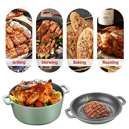 5.5 Quart Enameled Cast Iron Dutch Oven, 2-In-1 Enamel Oven with Skillet Lid for Grill, Stovetop, Induction (Gray Green)