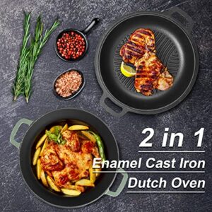 5.5 Quart Enameled Cast Iron Dutch Oven, 2-In-1 Enamel Oven with Skillet Lid for Grill, Stovetop, Induction (Gray Green)