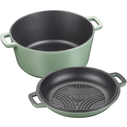 5.5 Quart Enameled Cast Iron Dutch Oven, 2-In-1 Enamel Oven with Skillet Lid for Grill, Stovetop, Induction (Gray Green)