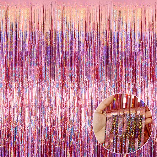 4 Pack Rose Gold Tinsel Foil Fringe Curtain Backdrop, 3.28Ft x 8.2Ft Metallic Streamers for Photo Booth Wedding Bridal Shower Bachelorette Birthday Halloween Christmas Party Decoration