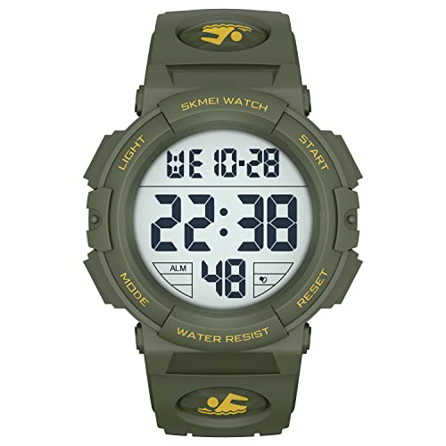 GOLDEN HOUR Mens Big Wide Screen Digital Display Waterproof Quartz Sport Watch with Resin Strap (Army Green)