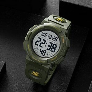 GOLDEN HOUR Mens Big Wide Screen Digital Display Waterproof Quartz Sport Watch with Resin Strap (Army Green)