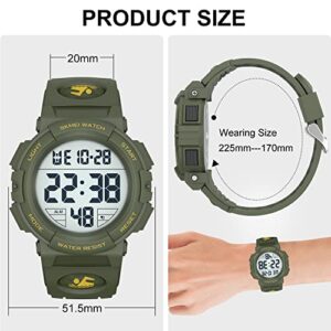 GOLDEN HOUR Mens Big Wide Screen Digital Display Waterproof Quartz Sport Watch with Resin Strap (Army Green)