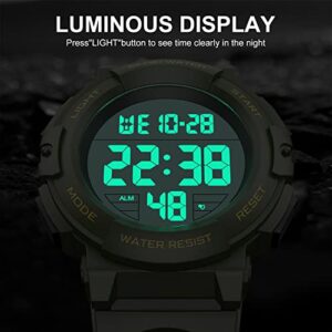 GOLDEN HOUR Mens Big Wide Screen Digital Display Waterproof Quartz Sport Watch with Resin Strap (Army Green)