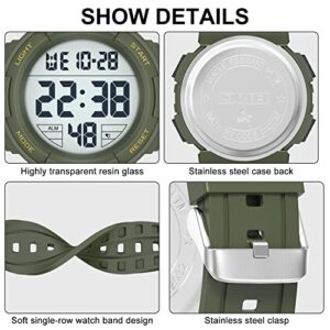 GOLDEN HOUR Mens Big Wide Screen Digital Display Waterproof Quartz Sport Watch with Resin Strap (Army Green)