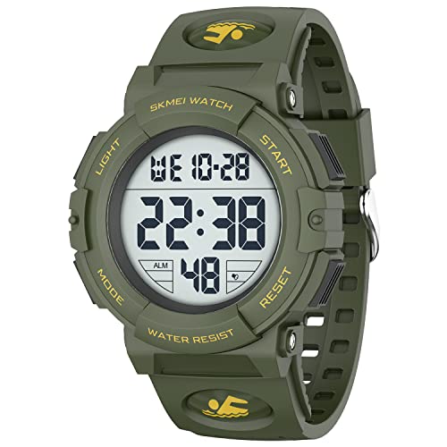 GOLDEN HOUR Mens Big Wide Screen Digital Display Waterproof Quartz Sport Watch with Resin Strap (Army Green)