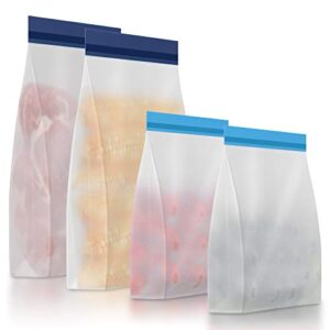 reusable food storage bags, 4 pack bpa free food grade reusable stand up bags, 2 reusable gallon bags, 2 reusable freezer bags, leakproof reusable bags silicone