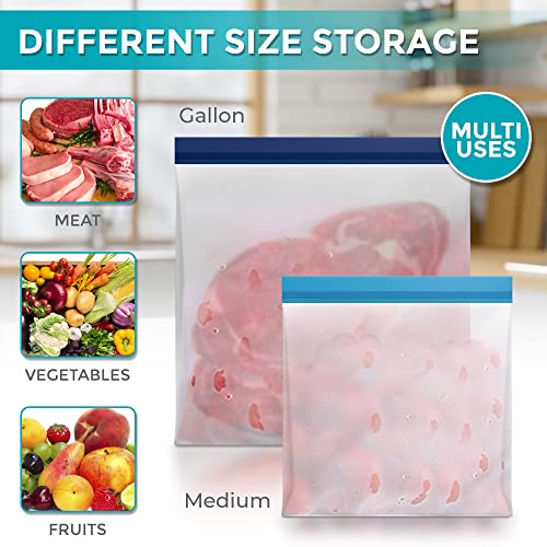 Reusable Food Storage Bags, 4 Pack BPA Free Food Grade Reusable Stand Up Bags, 2 Reusable Gallon Bags, 2 Reusable Freezer Bags, Leakproof Reusable Bags Silicone