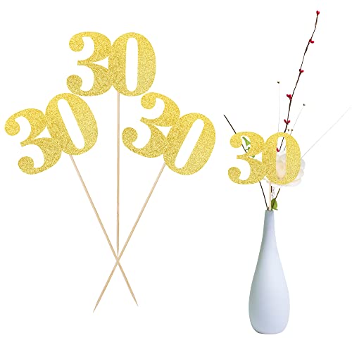 12 PCS Glitter 30th Birthday Centerpiece Sticks Number 30 Cake Toppers Thirty Table Flower Topper Decorations for 30th Birthday Anniversary Party Centerpiece Supplies Gold